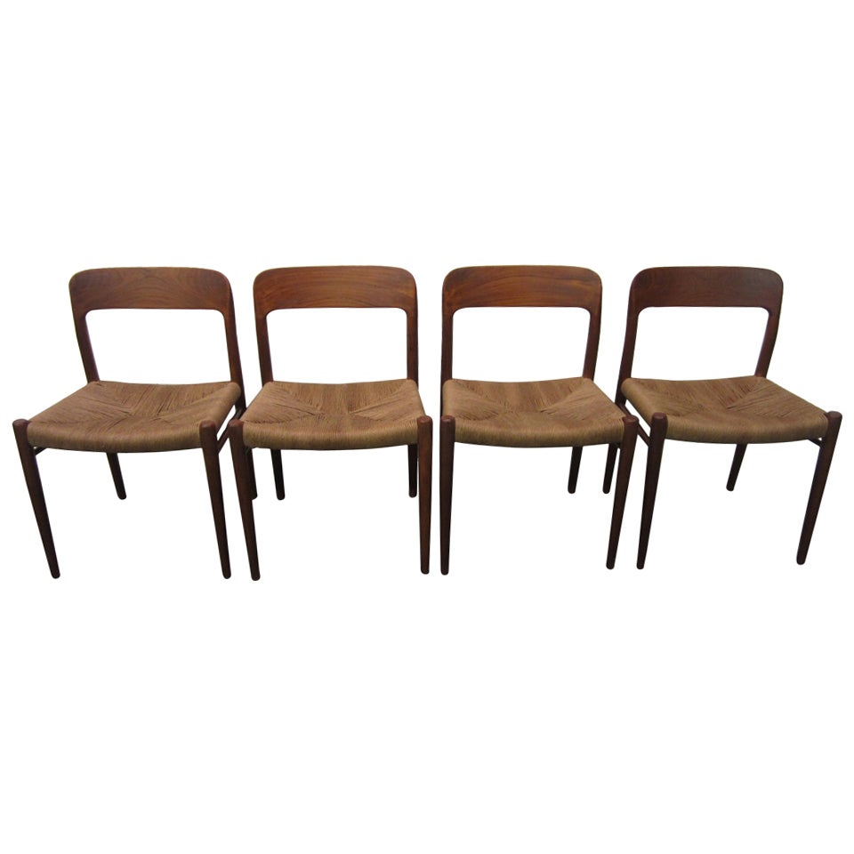 Set of Four Early Danish Modern Moller Chair With New Rush Seats at 1stDibs