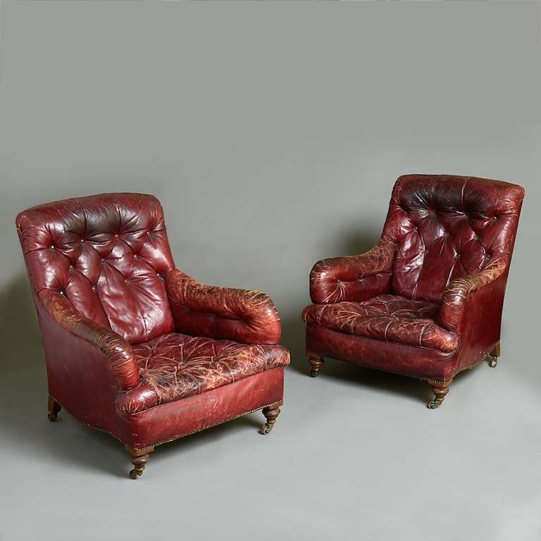 A Pair of Victorian Library Chairs, Original Leather Upholstery, circa ...