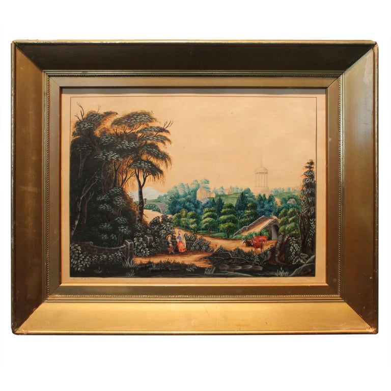 1855 Folk Art Landscape Painting at 1stDibs
