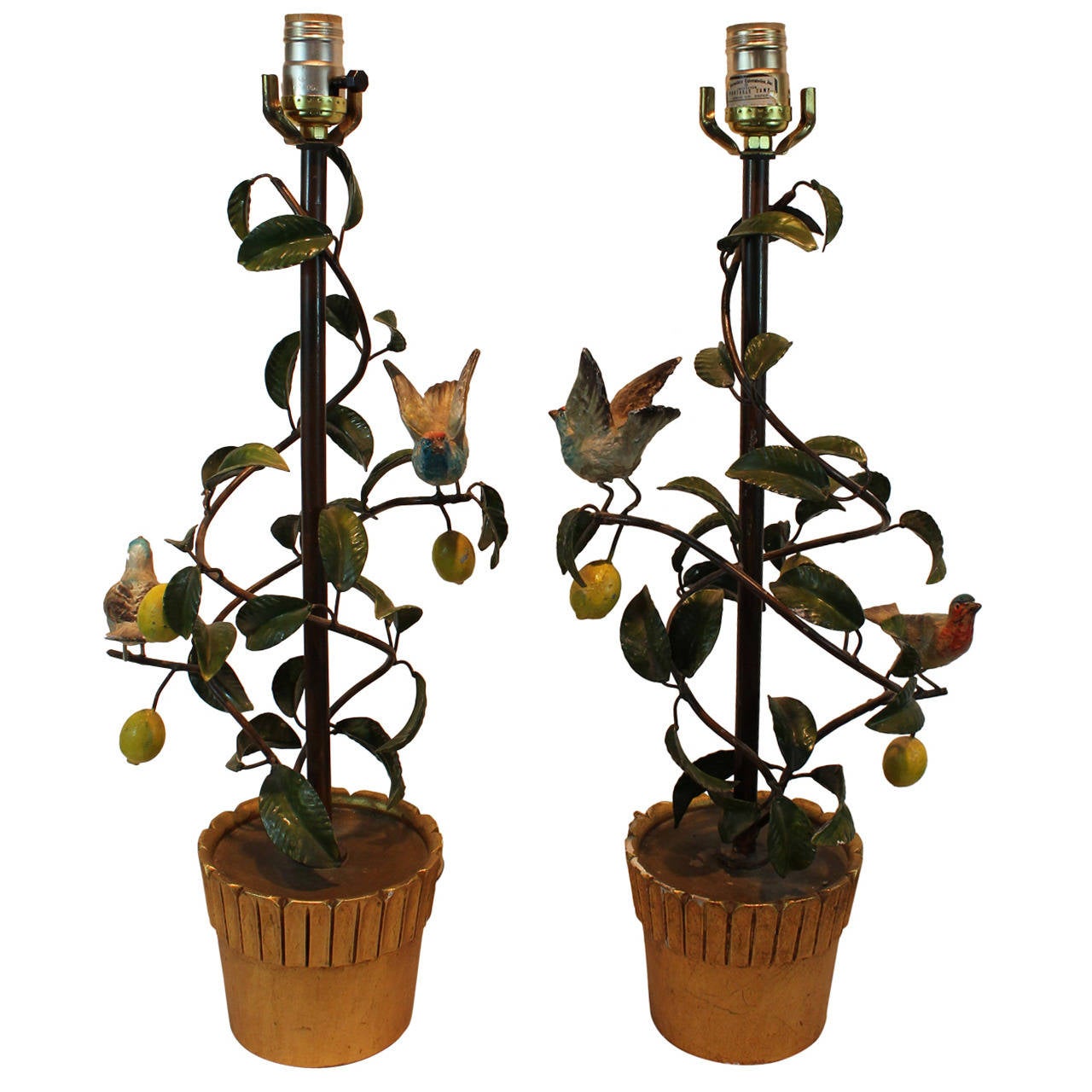 Pair of Italian Tole Birds in Lemon Tree Lamps at 1stDibs