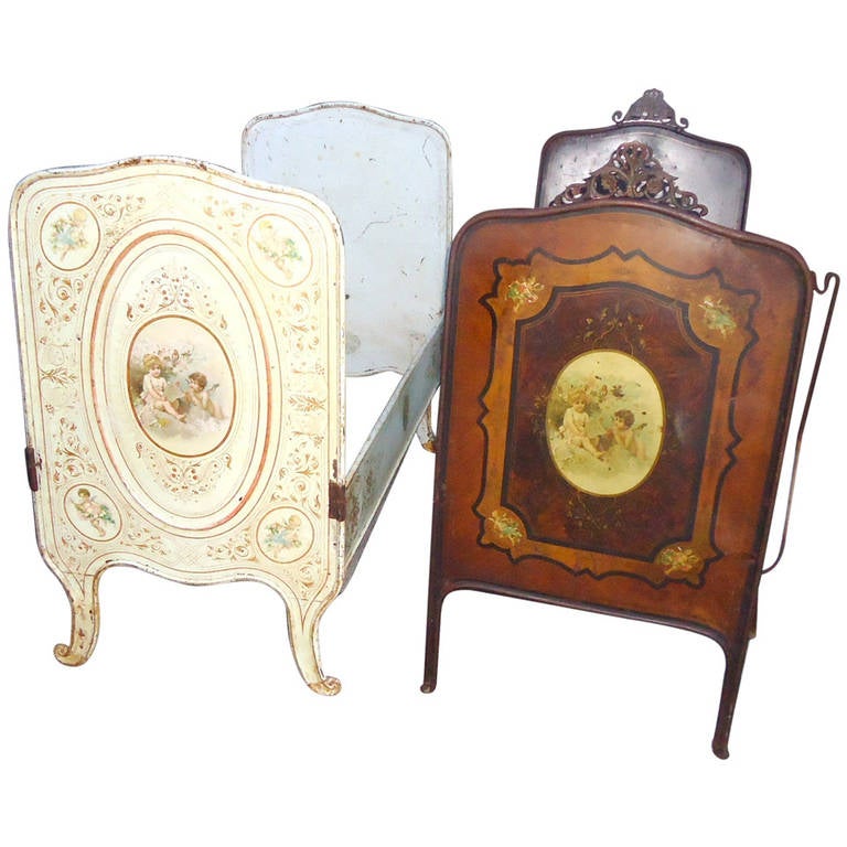 Pair of !9 th c Antique Toll Painted Beds with Cherubs For Sale at 1stDibs