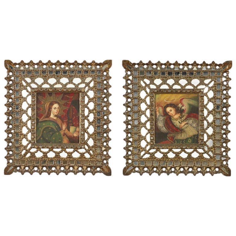 Pair of Antique Spanish Colonial Paintings with Gilt and Mirror Mosaic ...