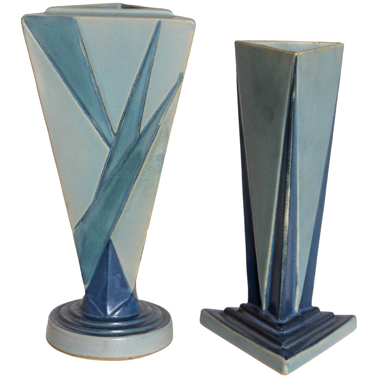 Roseville Futura Big and Little Blue Triangle Vases, Frank Ferrell ...