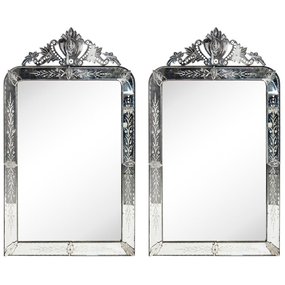 Pair of 1940s Classical Venetian Mirrors with Etched Detailing at 1stDibs
