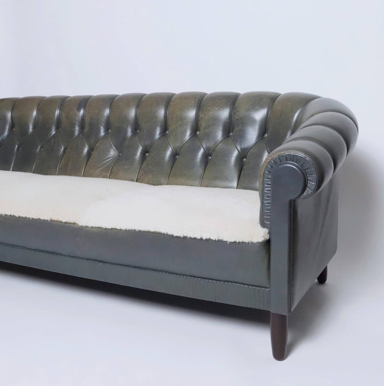 Danish Leather and Shearling Chesterfield Sofa at 1stDibs | shearling sofa