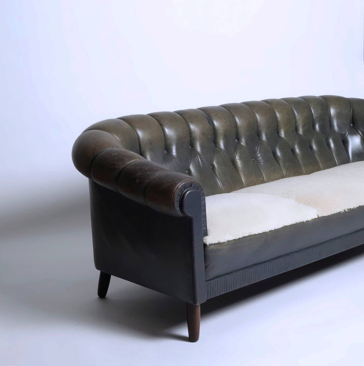 Danish Leather and Shearling Chesterfield Sofa at 1stDibs | shearling sofa