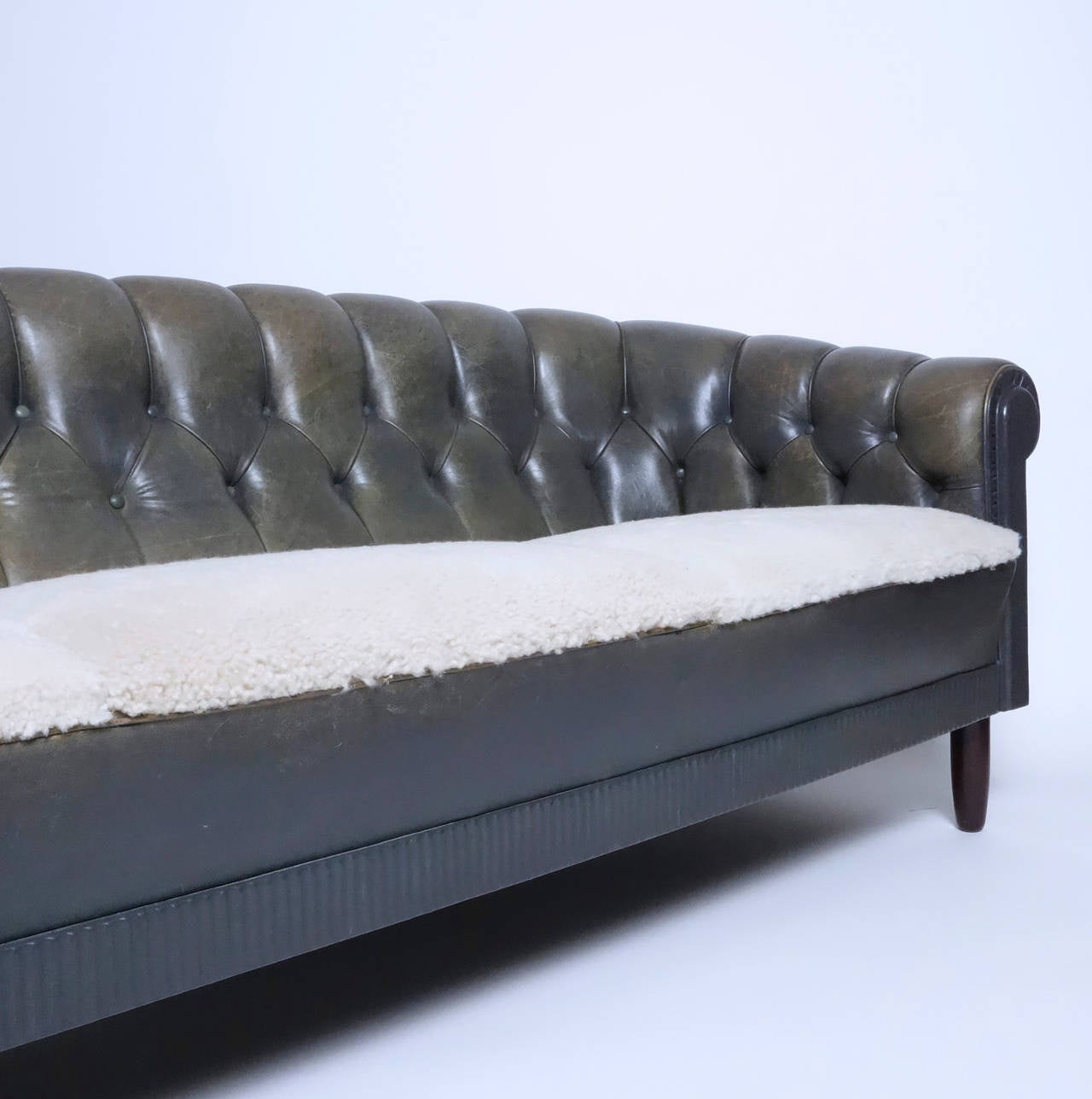 Danish Leather and Shearling Chesterfield Sofa at 1stDibs | shearling sofa