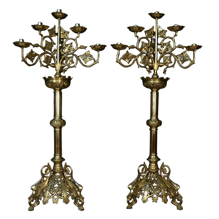 Large Pair of Brass Ecclesiastical Seven-Light Candelabras at 1stDibs