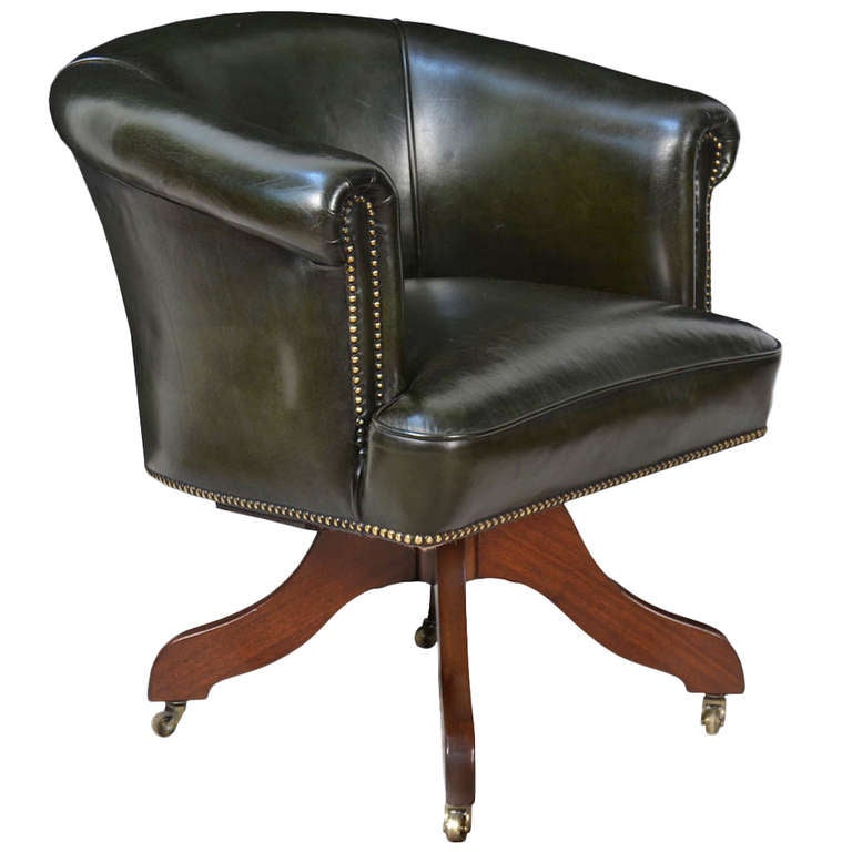 Art Deco Green Leather Upholstered Revolving Office Chair at 1stDibs