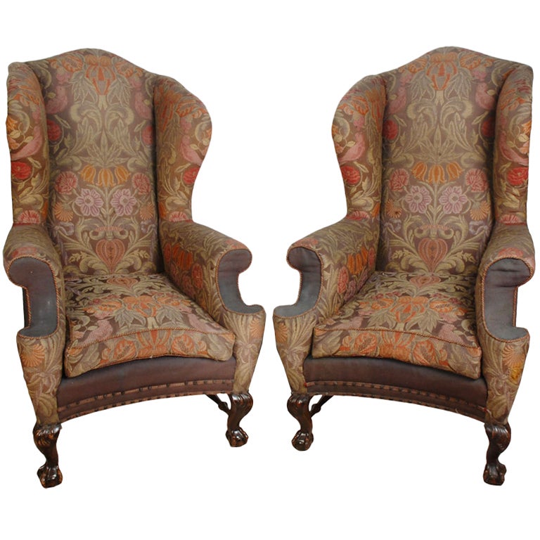 Pair of Needlepoint Upholstery Wing Arm Chairs at 1stDibs