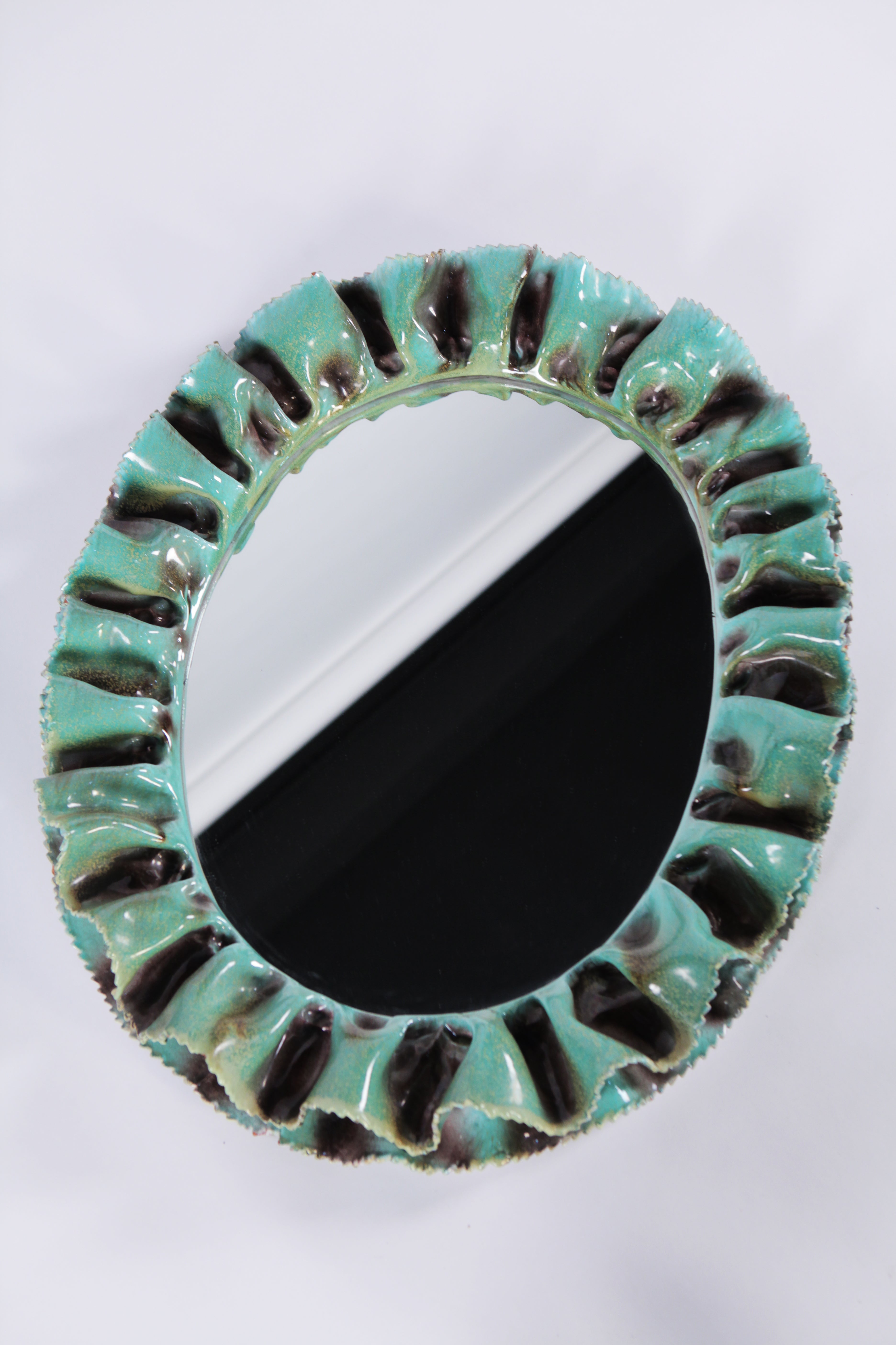 Exquisite waved green ceramic mirror from the 1940s at 1stDibs