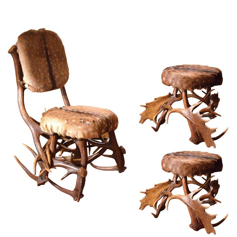 Black Forest Stag Horn Chair And Two Elk Horn Stools. For Sale at 1stDibs