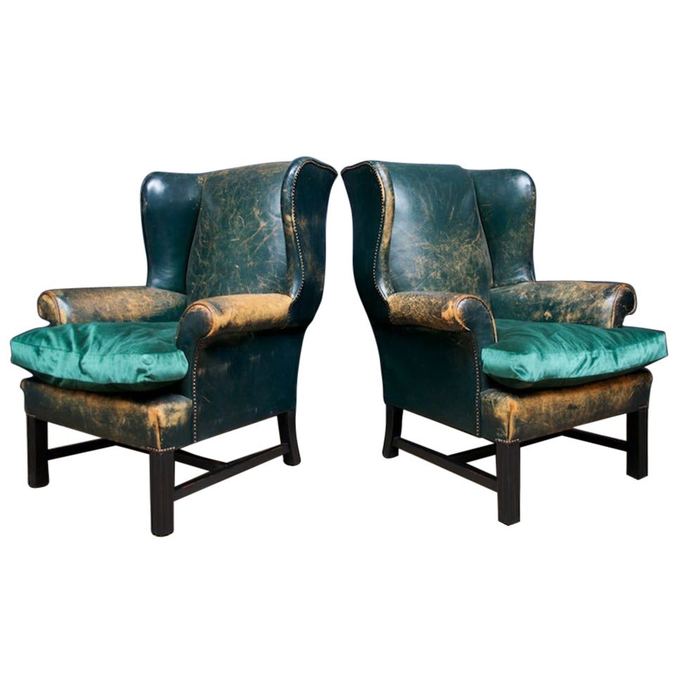 Green Leather Wingback Chairs at 1stDibs
