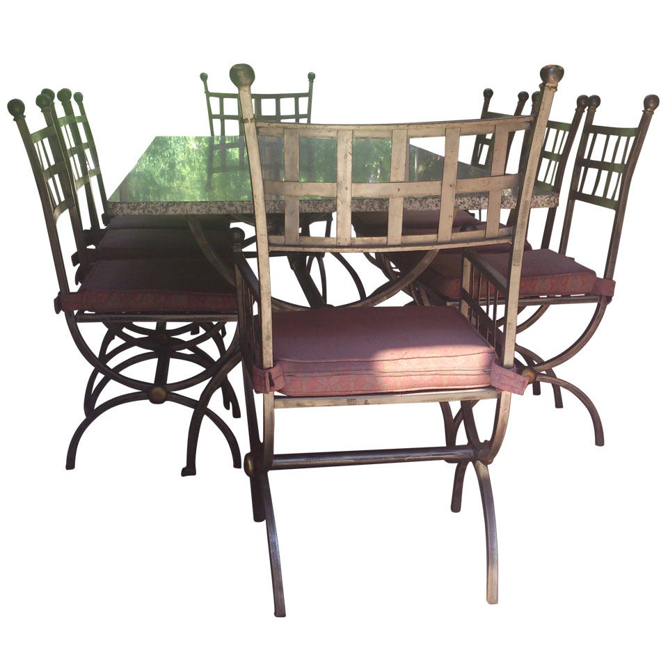 Set of eight steel chairs with marble top table at 1stDibs