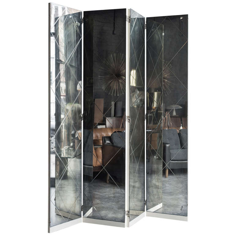 Etched Four Panel Mirrored Screen at 1stDibs