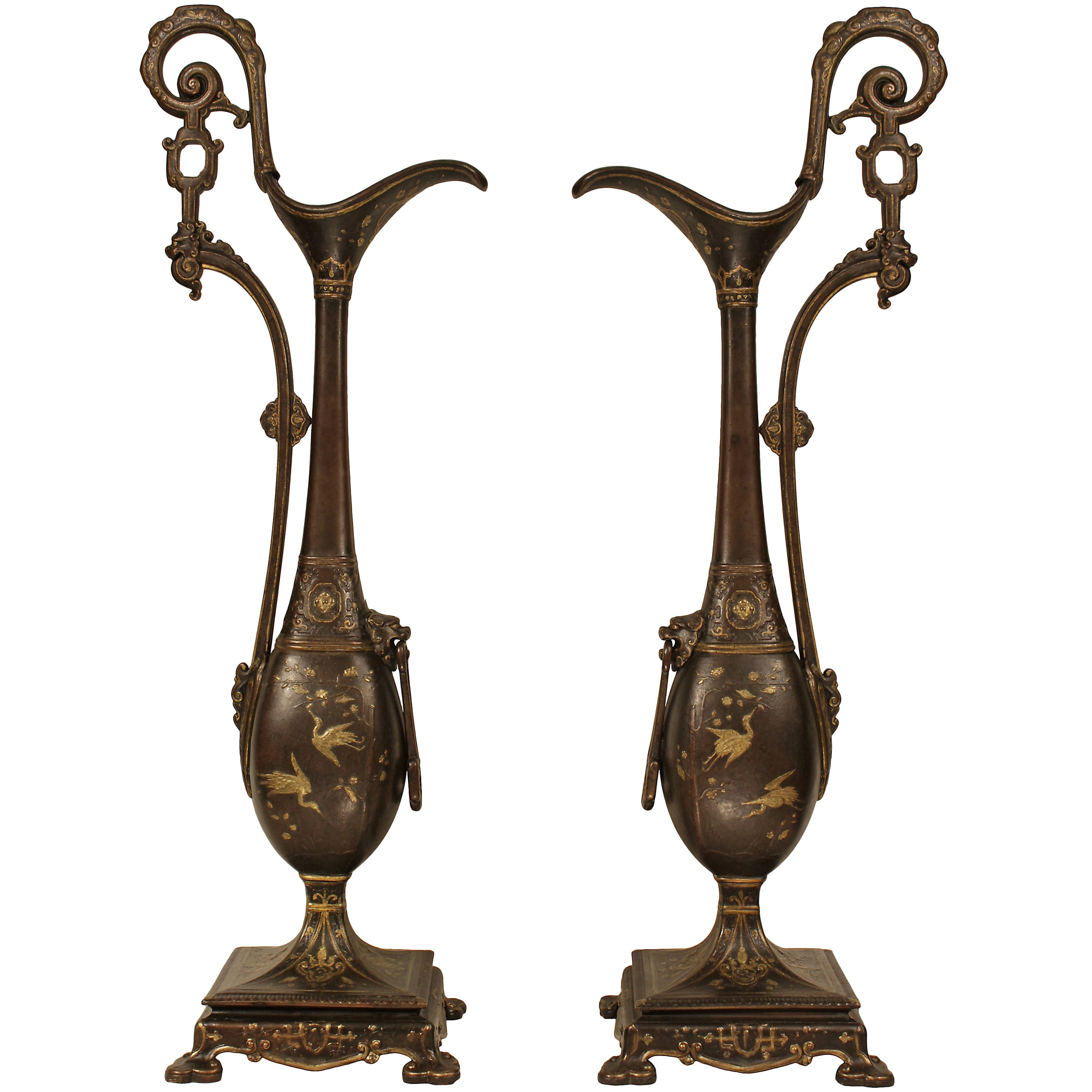 French 19th Century Renaissance Style Patinated Bronze Ewers with Gilt ...