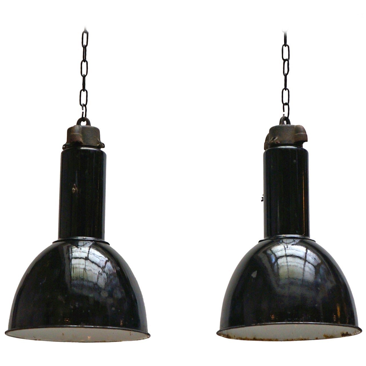 Two Vintage Enamel European Industrial Factory Lights For Sale at 1stDibs