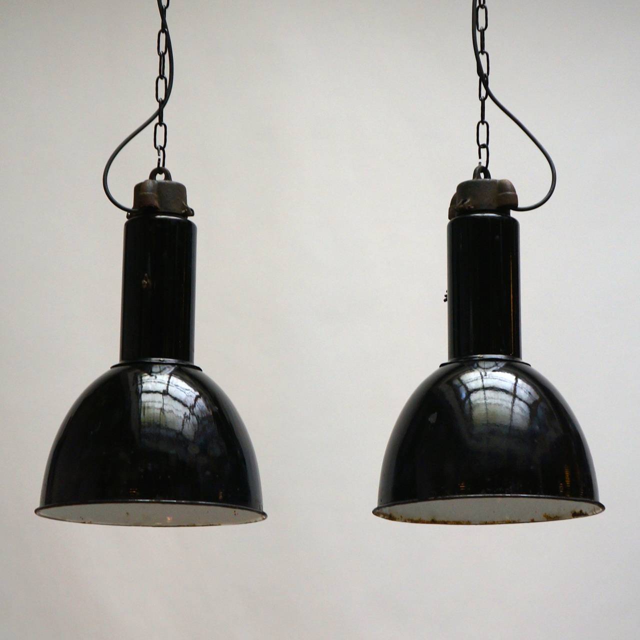 Two Vintage Enamel European Industrial Factory Lights For Sale at 1stDibs