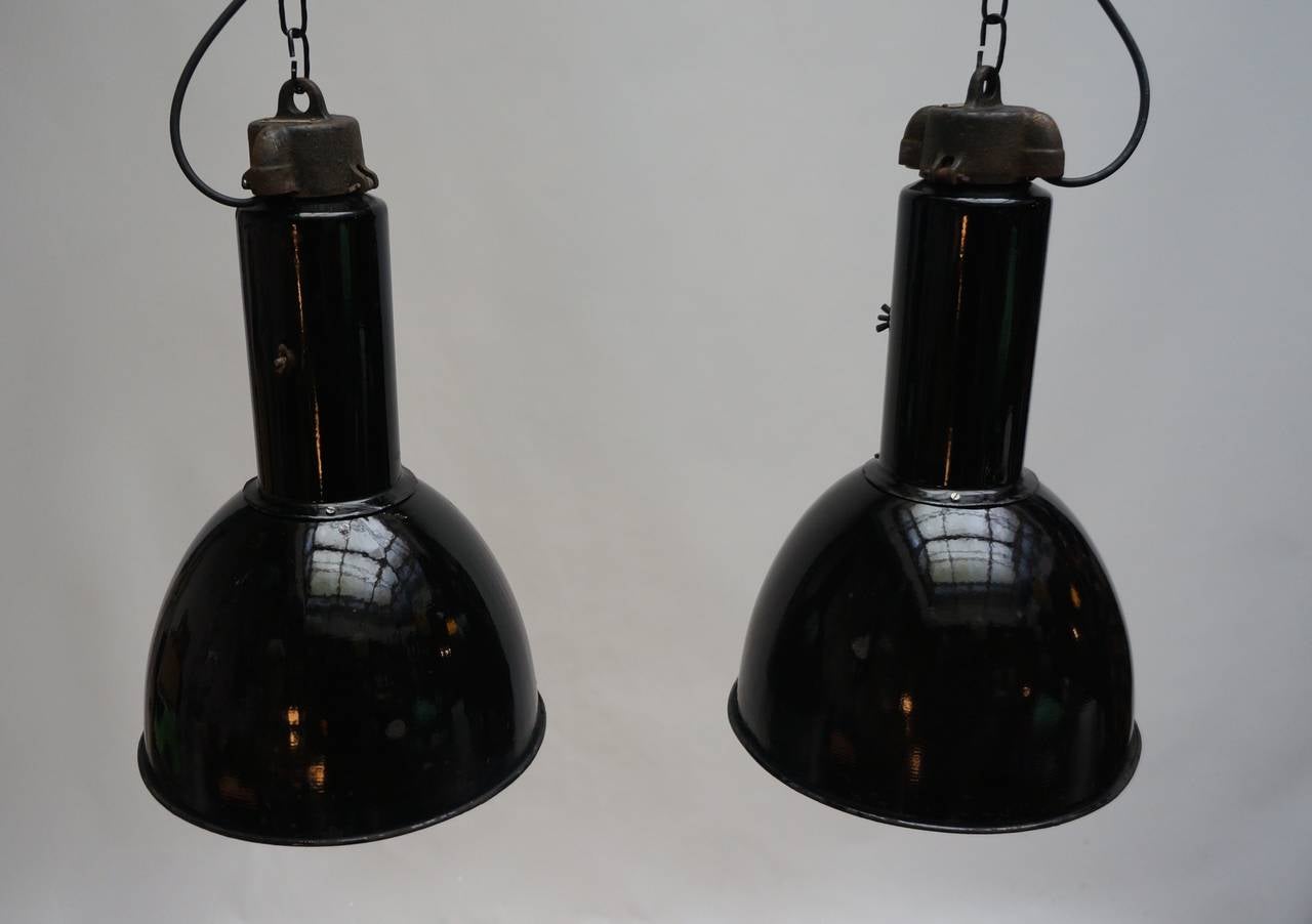 Two Vintage Enamel European Industrial Factory Lights For Sale at 1stDibs