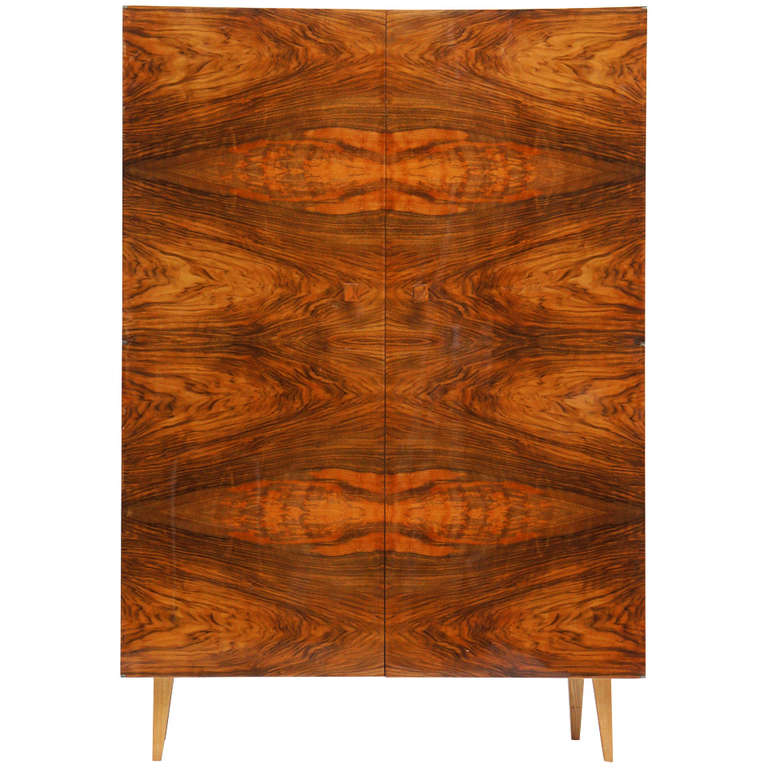 Walnut Highboard with Wooden Doors and Tapered Legs at 1stDibs