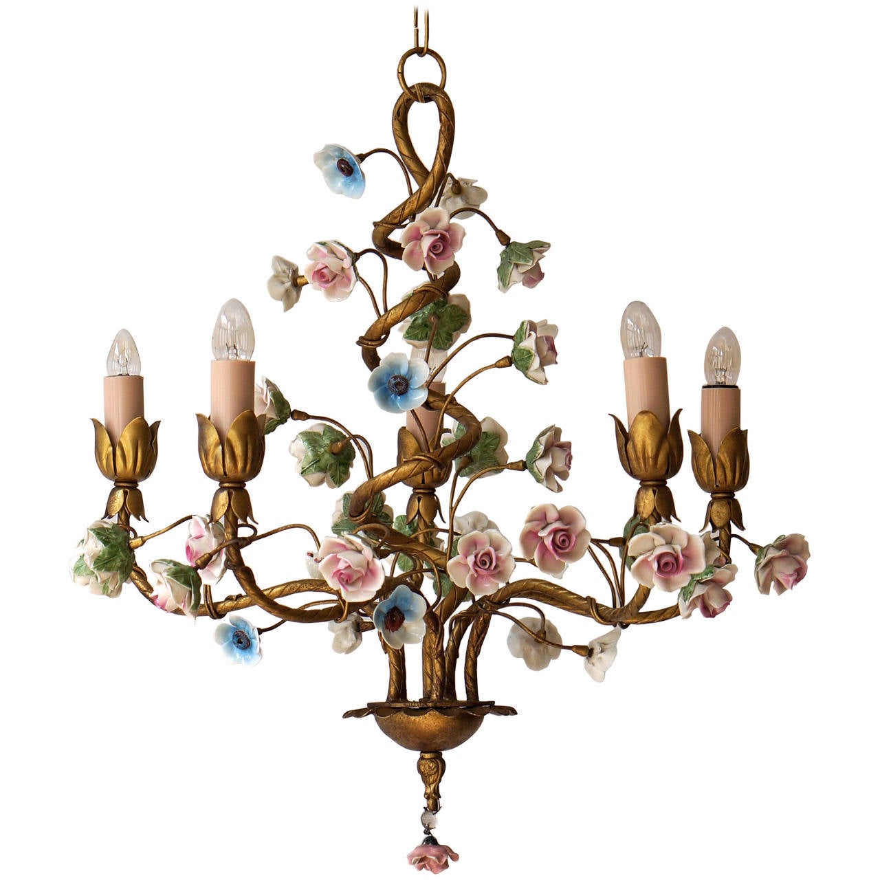 Italian Tole Chandelier with Porcelain Flowers at 1stDibs