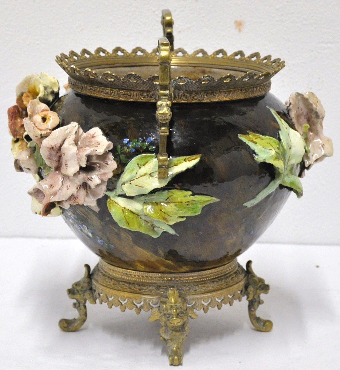 19th C. Barbotine Majolica Vase Cache Pot at 1stDibs