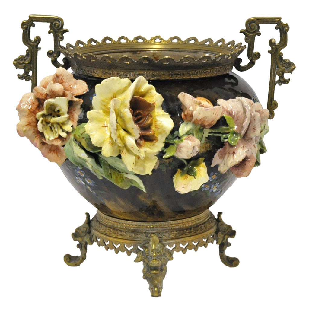 19th C. Barbotine Majolica Vase Cache Pot at 1stDibs