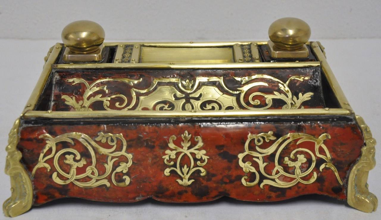 Antique 19th Century Boulle Tortoise Shell Inkwell with Brass Inlays at ...