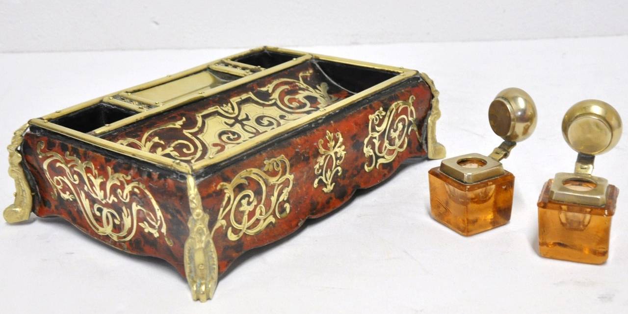 Antique 19th Century Boulle Tortoise Shell Inkwell with Brass Inlays at ...