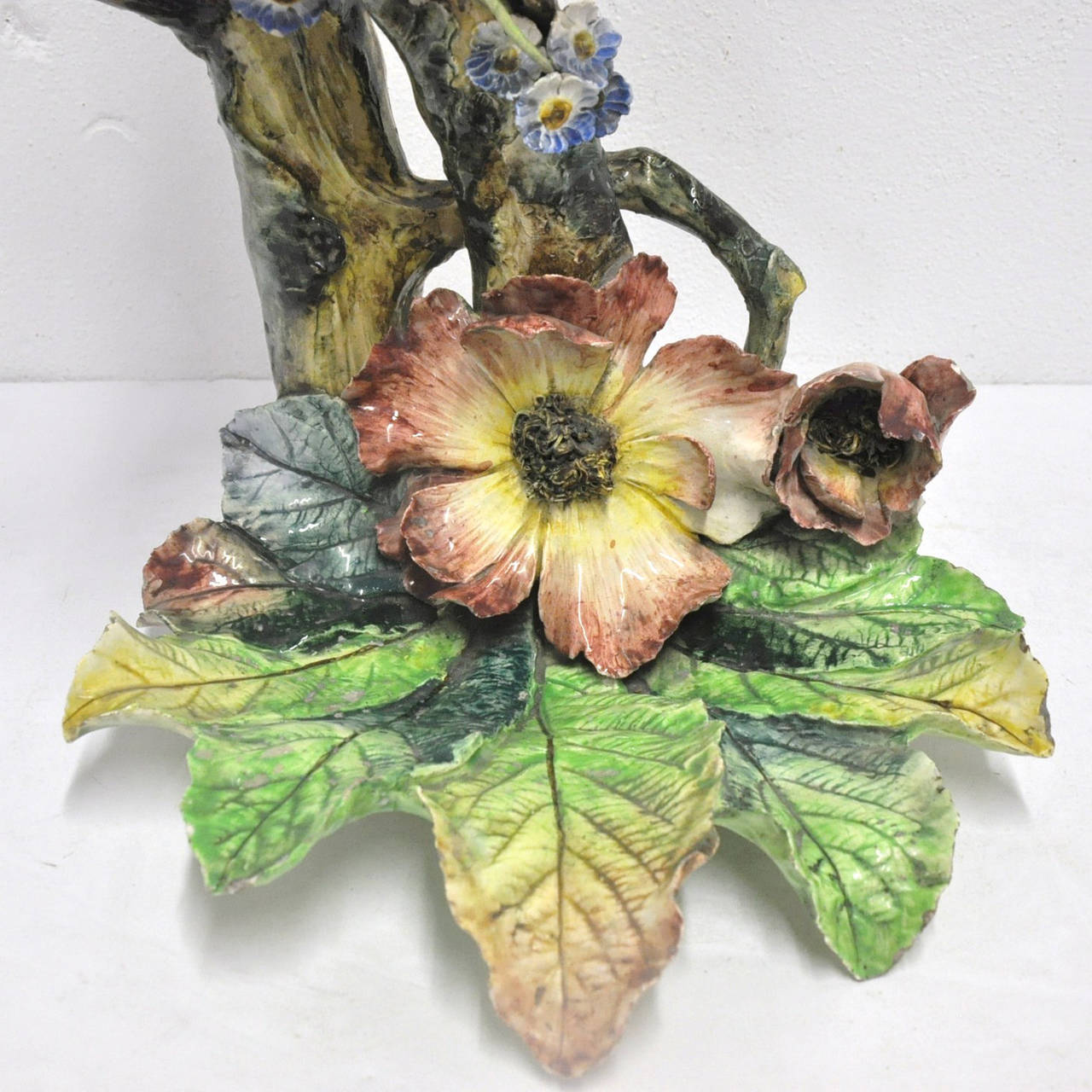 Large Colorful Antique Majolica Barbotine Vase with Birds, Fruits and ...