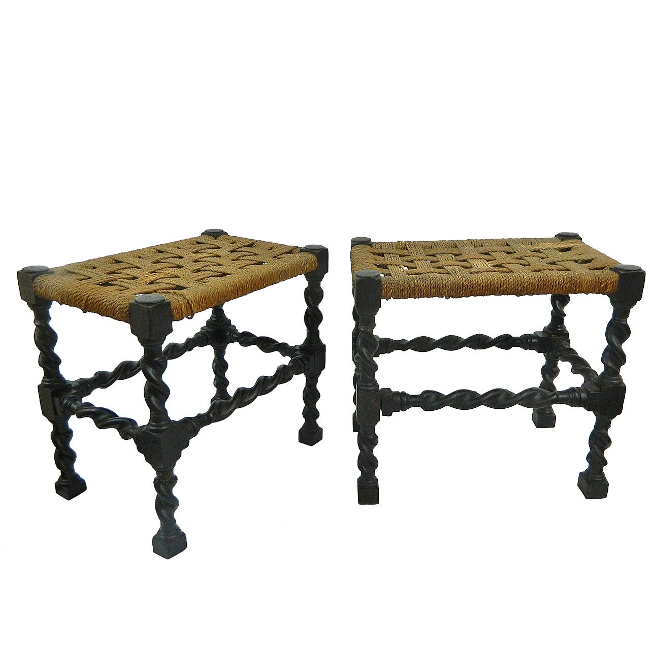 Pair of English Oak Barley Twist Stools with Rope Seats, 19th Century ...