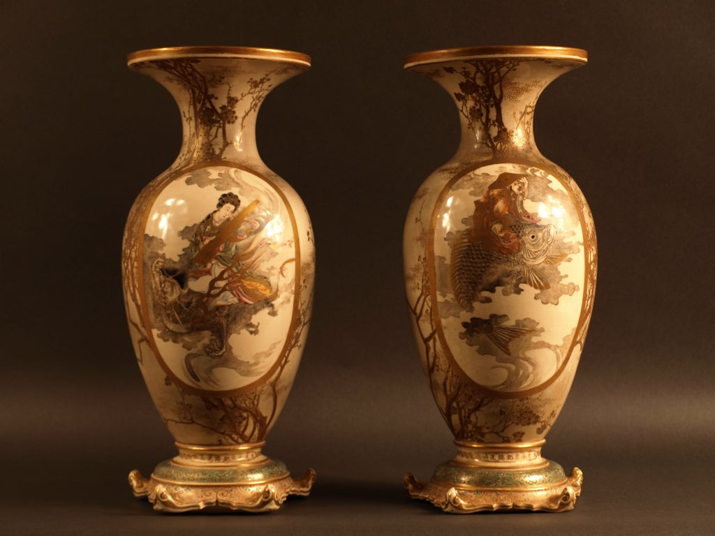 Rare Pair of Japanese Kinkozan Satsuma Vases at 1stDibs