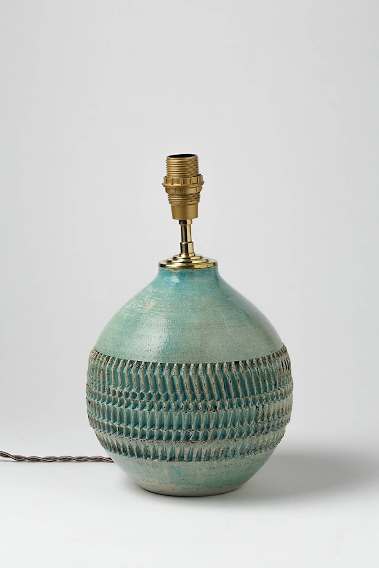 Elegant Turquoise Blue Ceramic Lamp by Dubray, circa 1930-1940 at 1stDibs