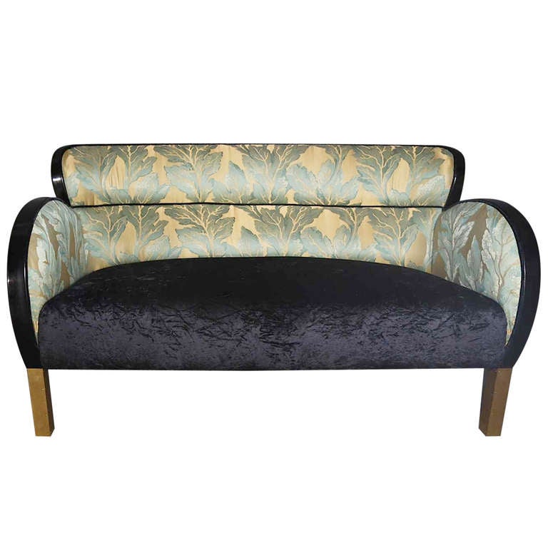 Art Deco Sofa in Black Velvet and Green Damask Fabric at 1stDibs