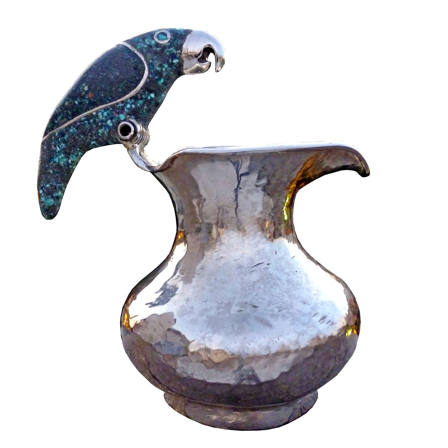Los Castillo Taxco Hand Wrought Silver Plated Pitcher with Bird at 1stDibs