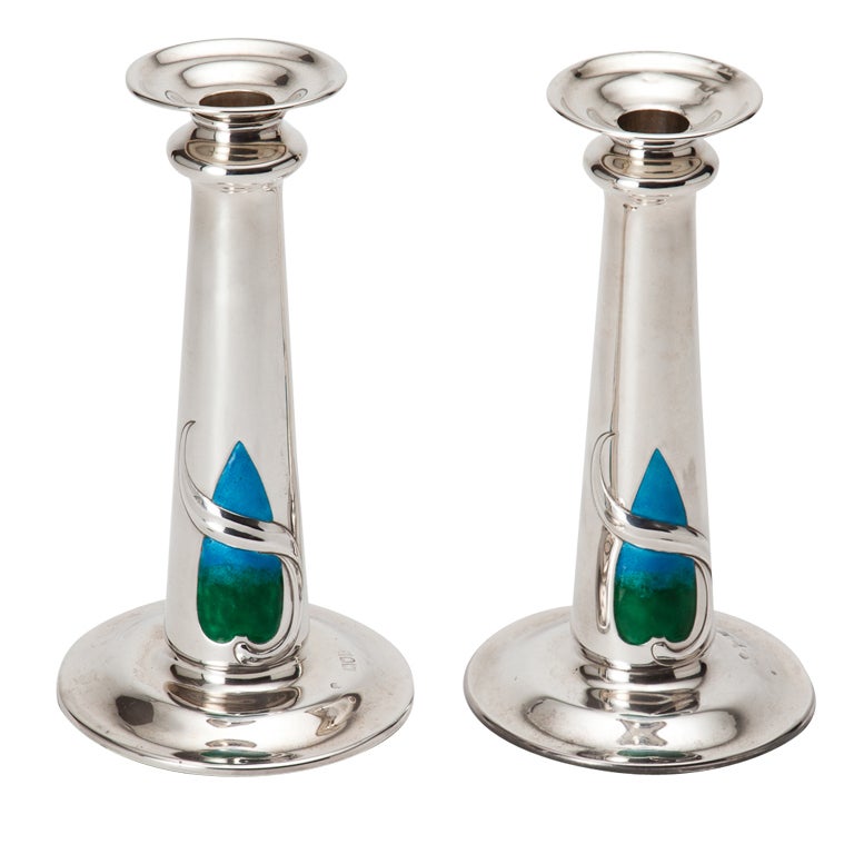 Art Nouveau Silver and Enamel Candlesticks by William Hutton 1909 at ...