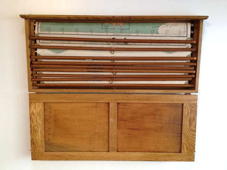 Vintage Oak Wall Mount World Map Display Case Containing 9 Roll Up Maps ...