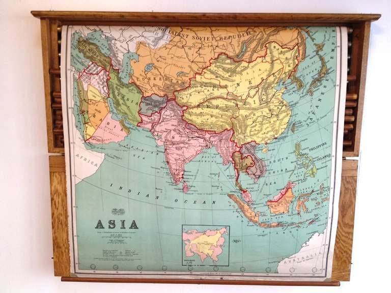 Vintage Oak Wall Mount World Map Display Case Containing 9 Roll Up Maps ...