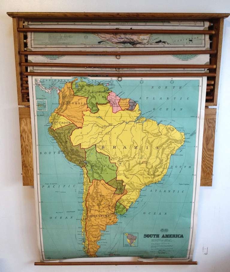Vintage Oak Wall Mount World Map Display Case Containing 9 Roll Up Maps ...