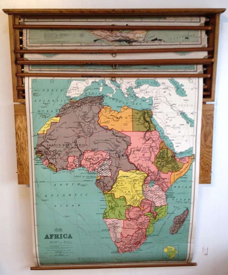 Vintage Oak Wall Mount World Map Display Case Containing 9 Roll Up Maps ...
