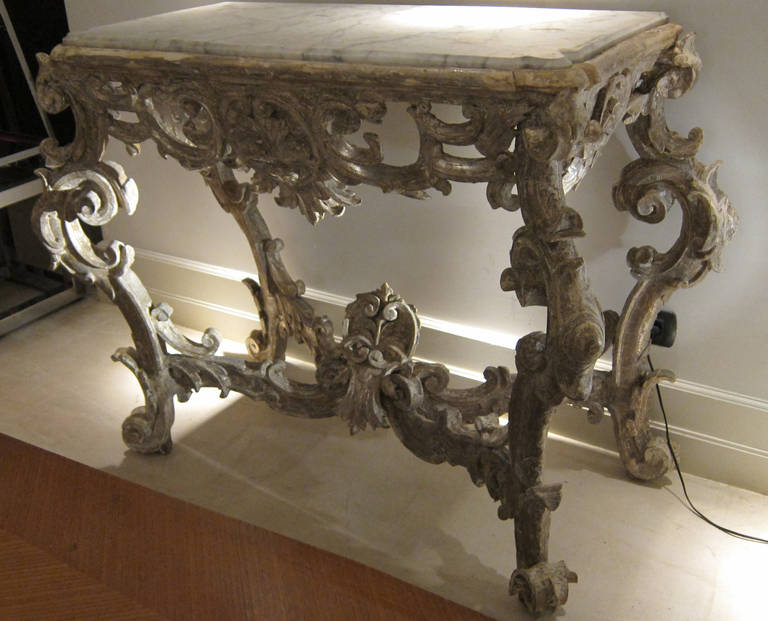 Guilded Silver and Carrara Marble-Top Baroque Console, Italy circa 1740 ...