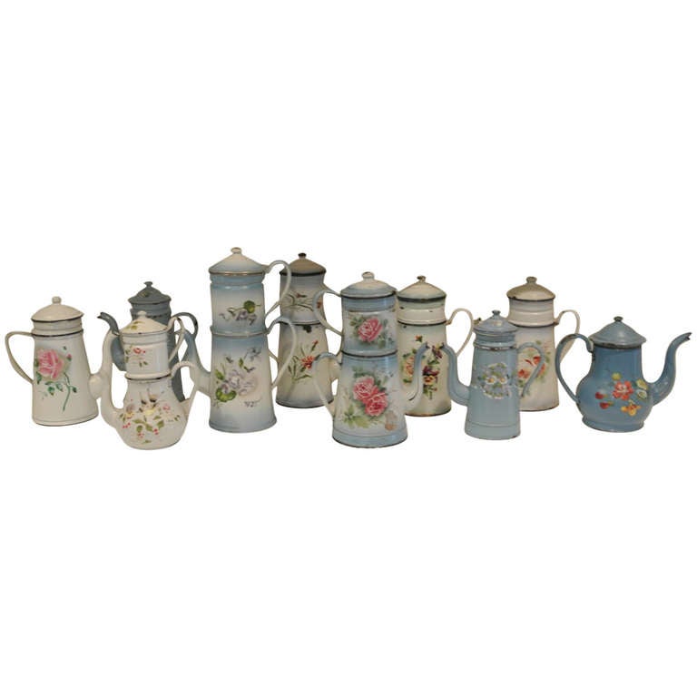 Collection of Ten Antique Enameled Tin Coffee Pots For Sale at 1stDibs