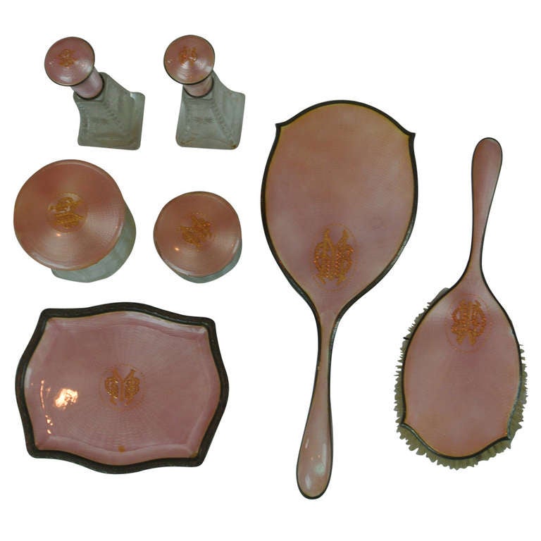 Pink Enameled Vanity Set For Sale at 1stDibs