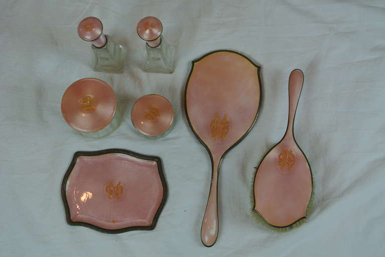 Pink Enameled Vanity Set For Sale at 1stDibs
