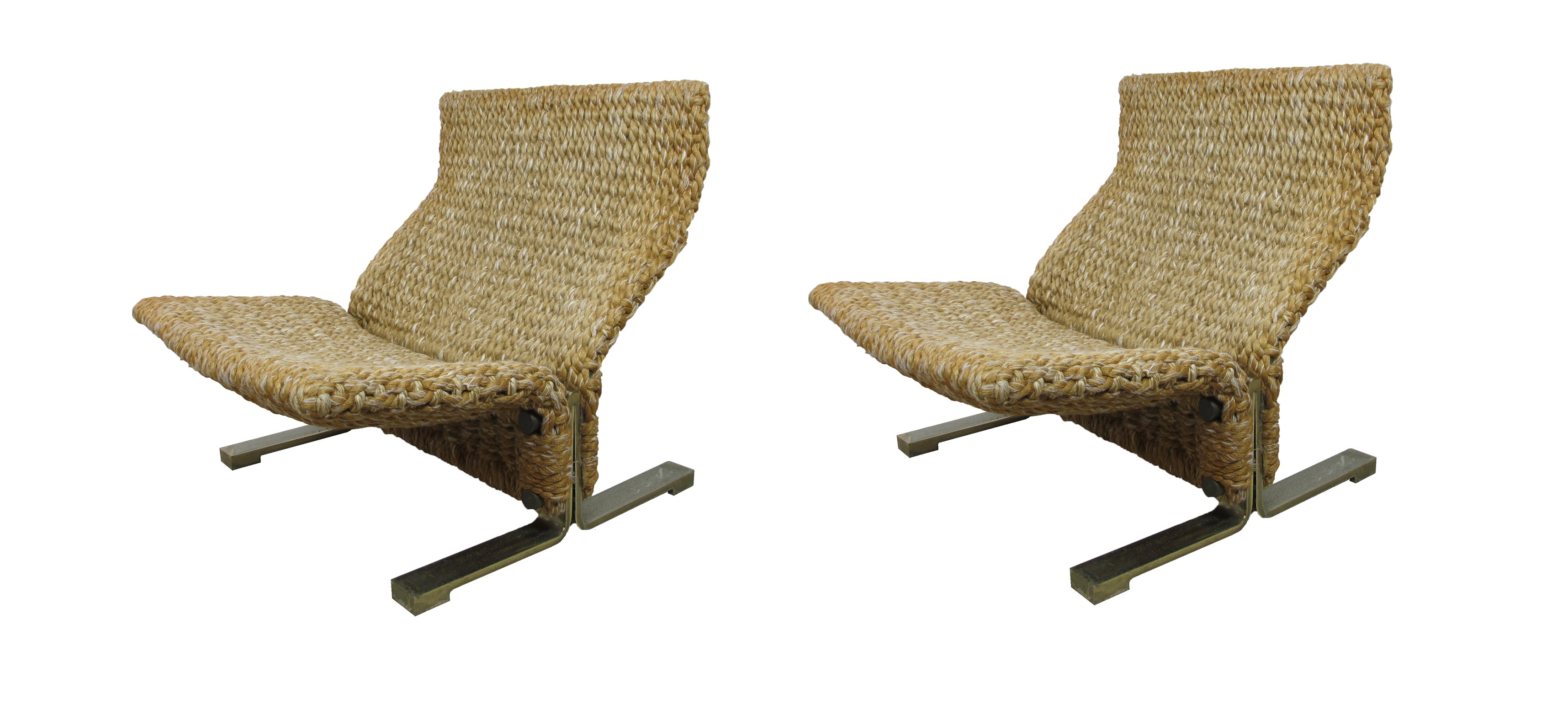 Pair of Woven Lounge Chairs with Brass Plated Steel Bases by Saporiti ...