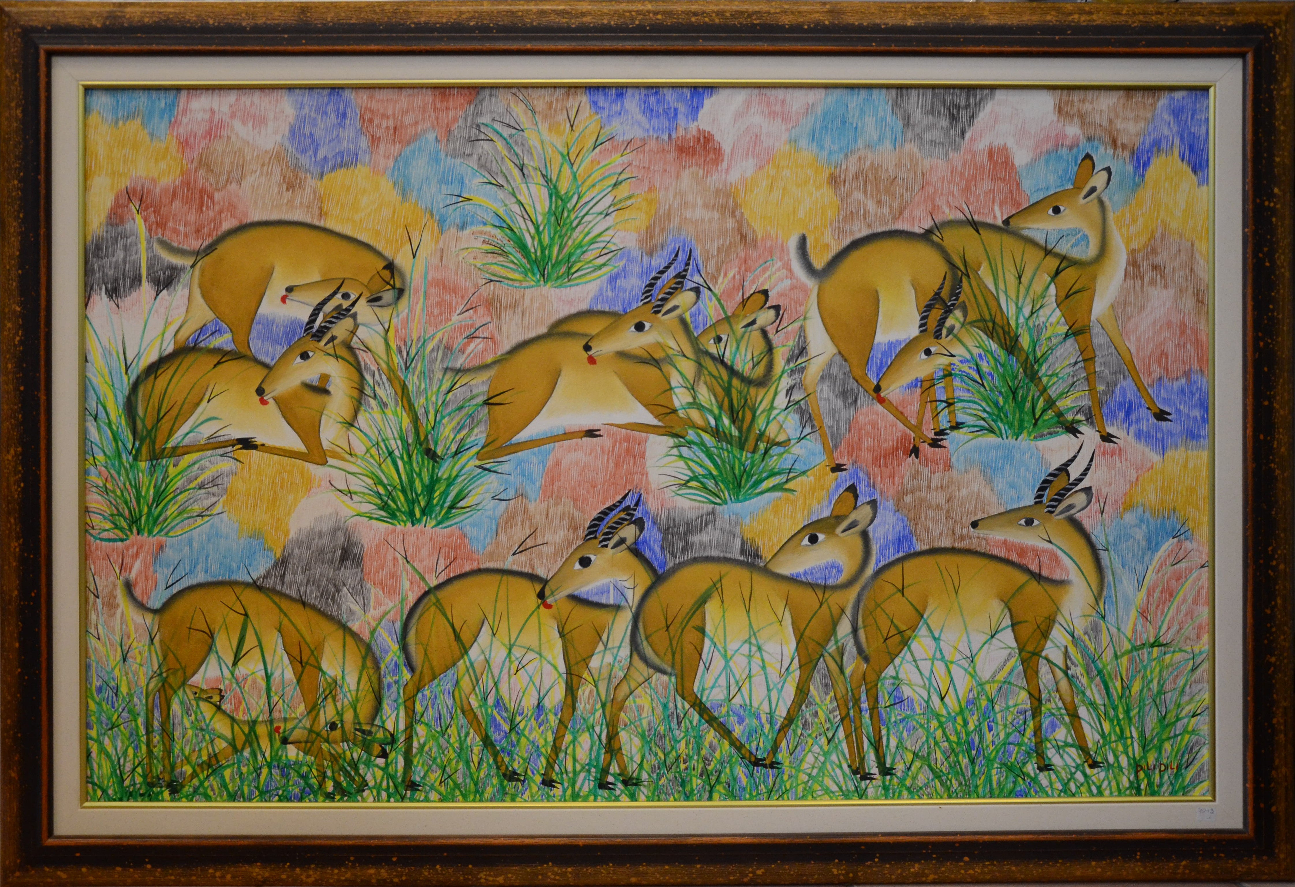 Oil on Canvas by the Zairian painter Pili Pili Mulongoy - Wildscene at ...