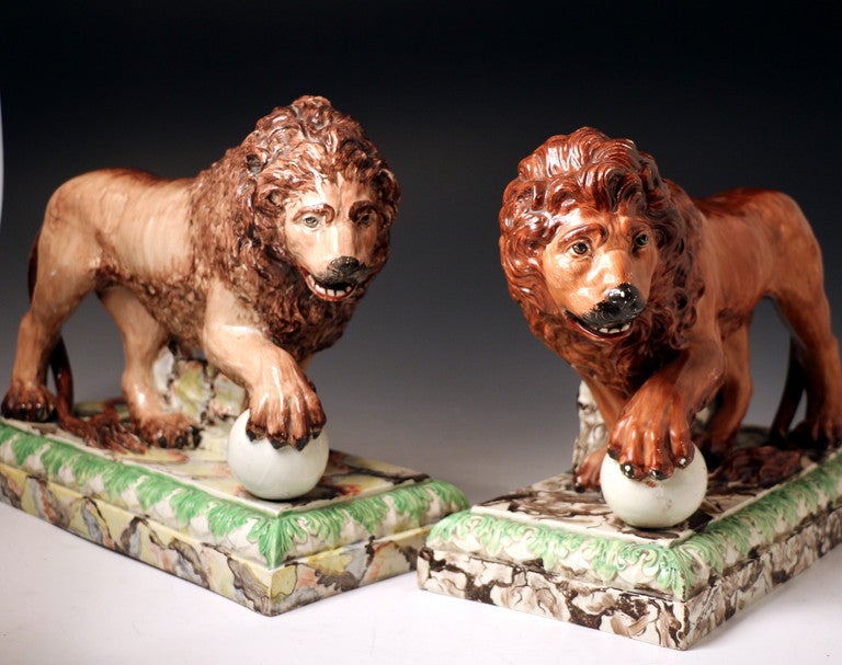 Pair of antique English pottery lions on bases Staffordshire Pottery ...