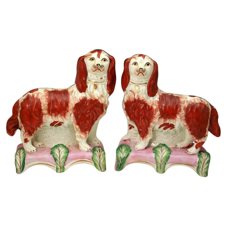 Antique Staffordshire Victorian Figures Of Spaniel Dogs On Bases at 1stDibs