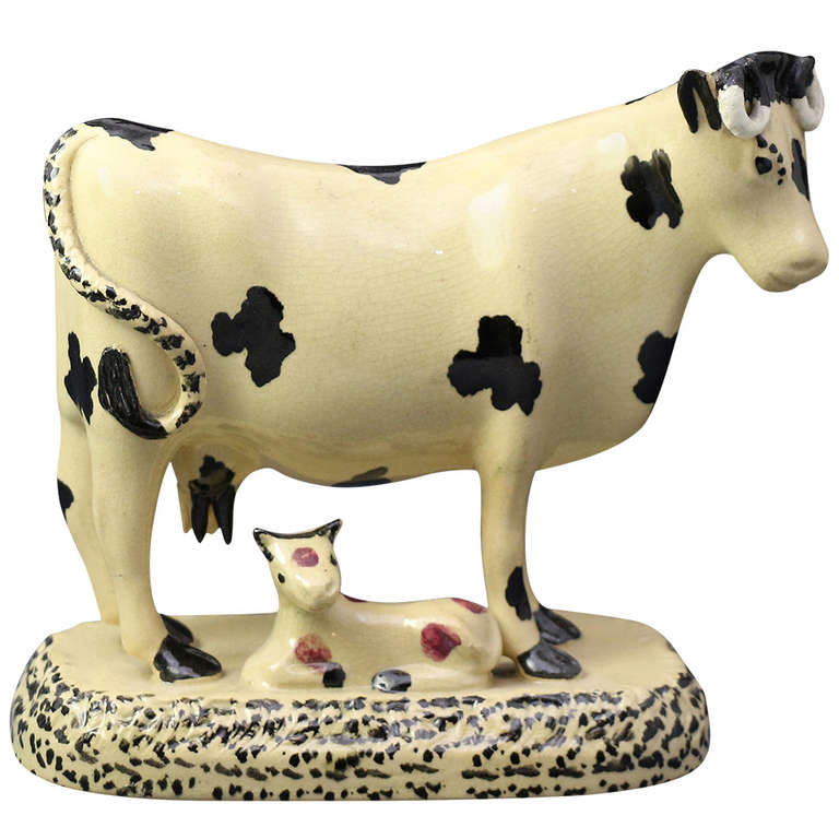 Antique Pottery Cow and Calf Figure Group, Yorkshire Pottery, Early ...
