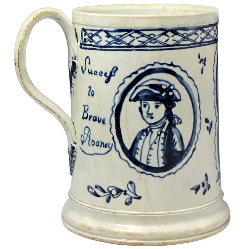 Underglaze painted blue Lord Rodney commemorative pottery tankard... at ...